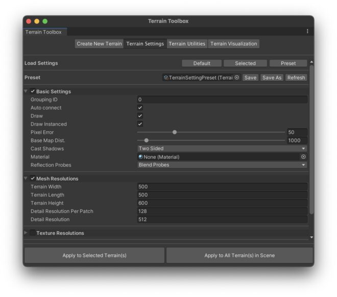 [Unity] 複数のTerrainの設定を一括変更する方法 - JoyPlotドキュメント
